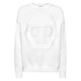 Philipp Plein Femme, Pulls, Blanc, Taille: 36 FR Pull Tricot Col Rond Manches Longues Hexagone