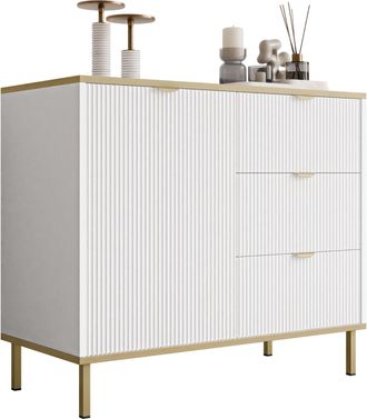 Mirjan24 Kommode Werkoz 1D3S mit Tür und 3 Schubladen, innen 2 Fächer, Türkommode mit goldenen Details, Highboard, Anrichte, Sideboard (Weiß + Gold)