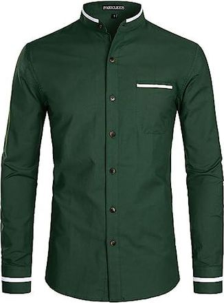 PARKLEES Chemise Oxford à manches longues et col pour grand-père pour homme - Coupe ajustée - Style décontracté - Avec poche, Pz113 - Vert foncé, XL