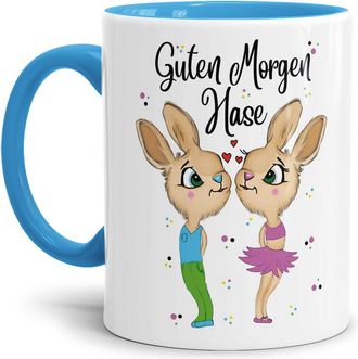 Tassendruck Tasse mit Spruch Hasenliebe - Guten Morgen Hase - Geschenk-Idee/Süßer Hase/Kaffee-Tasse/Ostern/Liebe - Innen & Henkel Hellblau