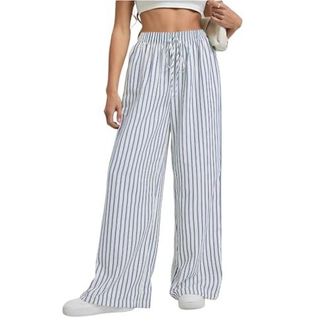 Generic Pantalon d&eacute;contract&eacute; &agrave; rayures pour femme avec cordon de serrage et poches, bleu clair, XXL