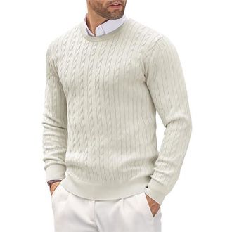 Generic Pull pour homme UK &agrave; col rond en tricot avec c&acirc;bles, pull long manches avec col rond en tricot, pull daffaires pour bureau, pull chaud, sous-v&ecirc;tement 