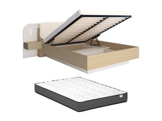 Vente-Unique Bettkasten mit Nachttischen 160 x 200 cm - Mit LEDs - Beige und Naturholz + Matratze - LYORIMA