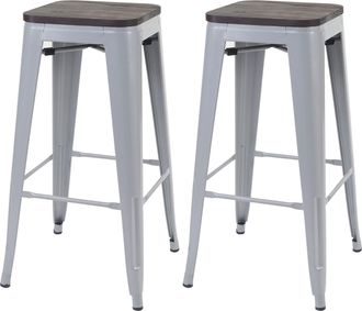 Mendler 2er-Set Barhocker HWC-A73 inkl. Holz-Sitzfl&auml;che, Barstuhl Tresenhocker, Metall Industriedesign stapelbar - grau