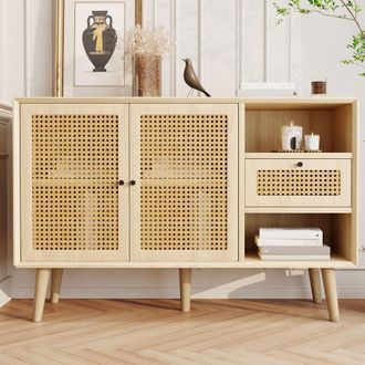 Generic Sideboard mit 3 Schubladen und 3 Schiebetüren - Kommode mit Rattangeflecht, verstellbaren Ablagen, Massivholzbeinen und goldenen Griffen für Wohnzimme