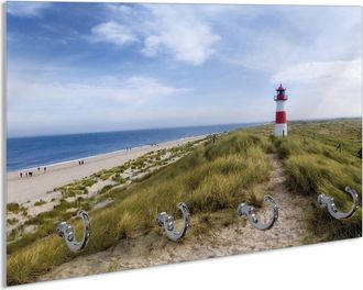Wallario Schlüsselbrett aus Glas 30 x 20 cm, Wand Schlüsselhalter mit 4 Haken, Motiv: Am Strand von Sylt Leuchtturm auf der Düne Panorama