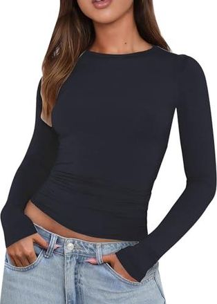 Generic T-Shirt Femme Slim Moulant à Manches Longues Hauts Court Crop Top Sexy Chic Couleur Uni T-Shirts Basique Y2K Crop-Top Streetwear T-Shirt à Manches Lon