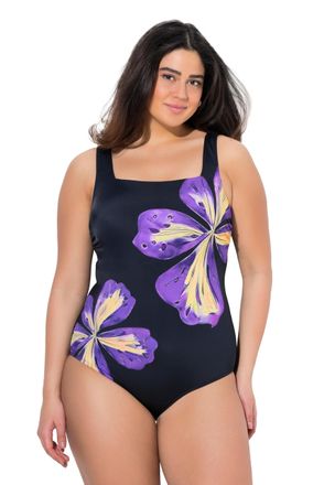 Ulla Popken Damen gro&szlig;e Gr&ouml;&szlig;en &Uuml;bergr&ouml;&szlig;en Plus Size Badeanzug, Bl&uuml;ten, Softcups, recycelt schwarz 58 837457100-58