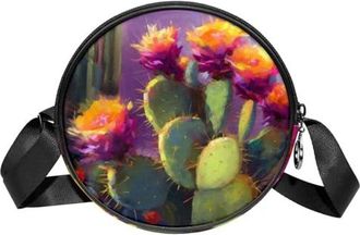 Generic Petit sac &agrave; bandouli&egrave;re rond pour femme, motif fleurs de cactus avec fermeture &eacute;clair, bretelles r&eacute;glables, sac &agrave; main rond d&eacute;contract&eacute; pour femmes et