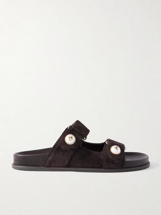 Jimmy Choo London Claquettes En Daim &Agrave; Perles Synth&eacute;tiques Fayence - Marron