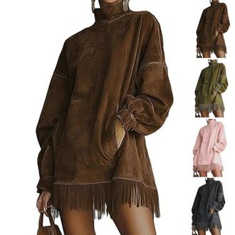 Generic Robe à col roulé en faux daim avec ourlet à franges, mini robe ample en velours à pompons et col montant pour lautomne 2025, marron, XXL