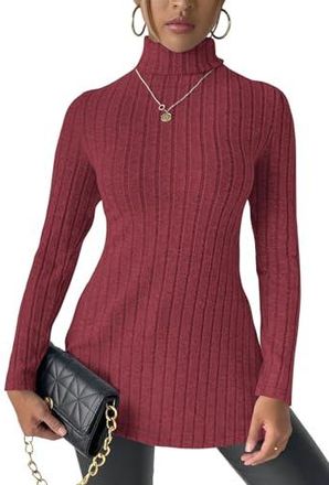 TOMWELL Pull à Col Roulé pour Femme Manches Longues Casual Tricot à Col Montant Pull Femme Slim Fit Couleur Solide Pull en Maille Chic Top Haut A Rouge M