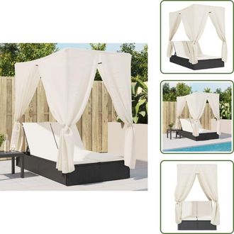 vidaXL Doppel-Sonnenliege mit Dach und Vorh&auml;ngen Schwarz Poly-Rattan - Doppel Liege - Sonnenliege - Gartenliege - Outdoor Liege - Poolliege - The Living
