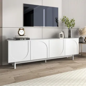 STILVORA Meuble TV avec 4 Portes et &Eacute;tag&egrave;res R&eacute;glables, Ouverture Push-to-Open, Style Moderne, 175&times;38&times;56 cm, en Panneaux, Blanc