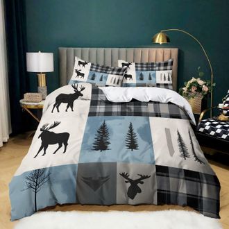 Generic Bettw&auml;sche 135 x 200 cm Geometrischer Karierter Elch f&uuml;r Kinder Jugendliche und Erwachsene, Weich Mikrofaser Grau Bettbezug Set, Kuschelig Atmungsakti