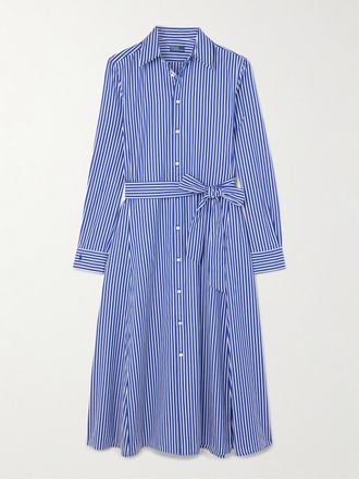 Polo Ralph Lauren Midi-hemdblusenkleid Aus Gestreifter Baumwollpopeline Mit G&uuml;rtel - Blau