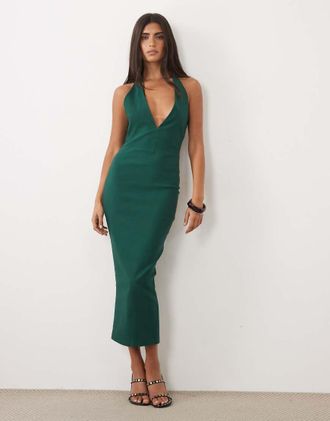 Vesper Bengaline-Midikleid mit U-Ausschnitt, Neckholder und Bindedetail in Dunkelgr&uuml;n