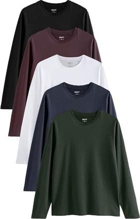 Next Homme T-Shirt 100% Coton Regular &agrave; Manches Longues, Lot de 5 Noir/Blanc/Bleu Marine/Vert/Rouge Bordeaux XXL
