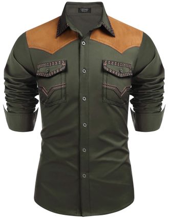 Coofandy Western-Cowboy-Hemd f&uuml;r Herren, bestickt, lang&auml;rmelig, schmale Passform, l&auml;ssig, Baumwolle, Button-Down-Hippie-Shirt, mit Taschen, Gr&uuml;n (Army Green), 