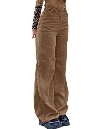 Minetom Femmes Velours Côtelé Pantalons Taille Haute Rétro Élastique Ample Long Pantalon Large avec Poches B Kaki XS