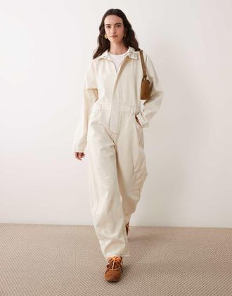 Asos combinaison en jean &agrave; col chemin&eacute;e &eacute;cru-Blanc