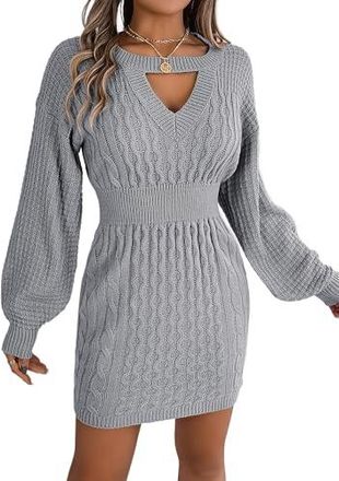 Ever-pretty Mini Robe Pull Femme Automne et Hiver A Line Manches Longue Chic Gris S