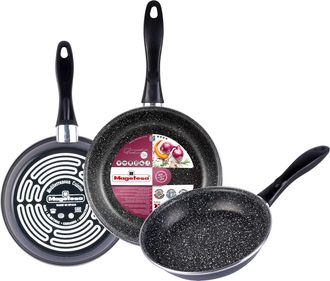 Magefesa K2 Gransasso Set mit 3 Bratpfannen (18/20/24) cm aus verglastem Stahl, grau melierte Außenseite. Zweischichtige, verstärkte Antihaftbeschichtung in St