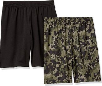 Amazon Essentials Herren Weit geschnittene Performance-Funktionsshorts (erhältlich in Big & Tall), 2er-Pack, Grün Geometrisches Tarnmuster/Schwarz, XXL