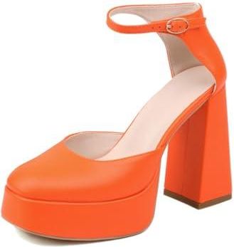 Generic Escarpins Plateforme Vibrants Femme Décor Sangle Cheville Talons Carrés Pointe Arrondie Stylés Fêtes Soirées Robes,Orange,38.5 EU