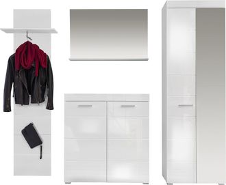 Trendteam 4-teilige Garderobenkombination Garderobenmöbel - Garderobe - Amanda - Aufbaumaß (BxHxT) 233 x 195 x 38 cm - Farbe Weiß Hochglanz - 139391101
