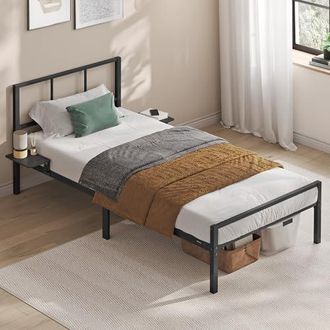 Vasagle Cadre de Lit 90 x 190 avec Sommier M&eacute;tal, Cadre en M&eacute;tal avec &Eacute;tag&egrave;res de Rangement, T&ecirc;te de Lit, pour Adolescents, Montage Facile, Noir dencre RMB191