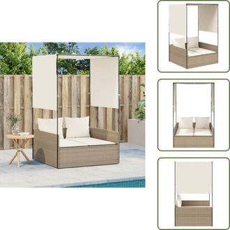 vidaXL Doppel-Sonnenliege mit Dach und Vorh&auml;ngen Beige Poly Rattan - Doppel-Sonnenliege - Gartenliege - Liege Im Freien - Sonnenschirm - Outdoor M&ouml;bel - The