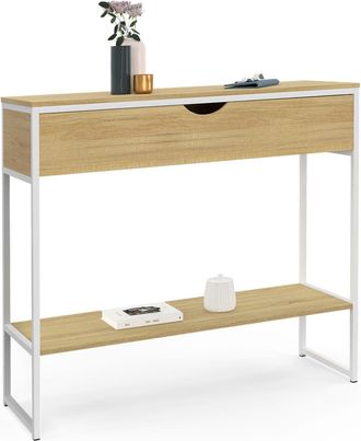 IDMarket Konsolentisch mit 1 Schublade, 1 Regal, industrielles Design, Holz und Metall, Weiß