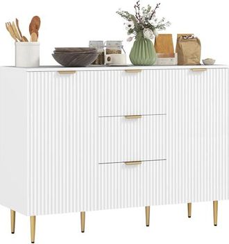 HOMCOM Buffet Meuble Cuisine Rangement Meuble de Rangement avec 3 tiroirs, étagères réglables, placards à Portes cannelées et Pieds en métal, Buffet Salle à 
