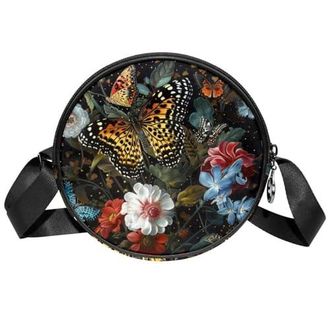 Generic Sac &agrave; bandouli&egrave;re rond pour femme, motif papillon, fleurs, petit sac &agrave; bandouli&egrave;re avec fermeture &eacute;clair, bretelles r&eacute;glables, sac &agrave; main rond d&eacute;contr