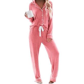 Generic Ensemble de pyjama 2 pi&egrave;ces pour femme, manches longues, boutons vers le bas, pyjama &agrave; manches longues, ensembles de v&ecirc;tements dint&eacute;rieur, Rouge, XXL