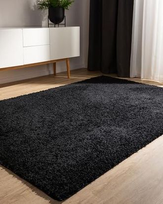 benuta Basic Tapis Poil Long Sohari - Noir 200x290 cm - Lavable - Minimaliste - Doux - pour Chambre, Couloir, Salle &agrave; Manger - Compatible avec Chauffage au S