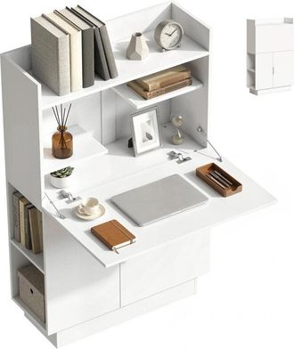 HOMCOM Bureau dordinateur - HOMCOM - design pliant avec plateau rabattable, &eacute;tag&egrave;res et placard - bois - 80x30x128cm - blanc