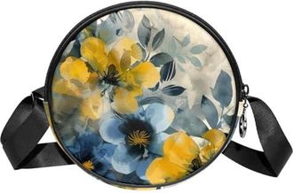 Generic Petit sac &agrave; bandouli&egrave;re circulaire pour femme, motif feuilles florales, sac &agrave; dos avec fermeture &eacute;clair, bretelles r&eacute;glables, sac &agrave; main rond d&eacute;contra