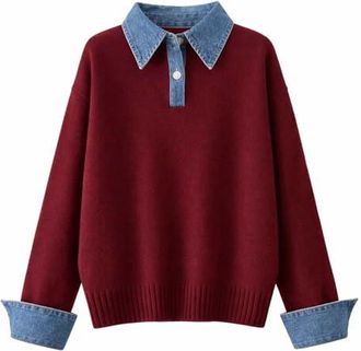 Generic Pull surdimensionn&eacute; pour femme avec col en jean, polo surdimensionn&eacute; &agrave; manches longues boutonn&eacute; pour lautomne 2026, Rouge, XXL-6XL