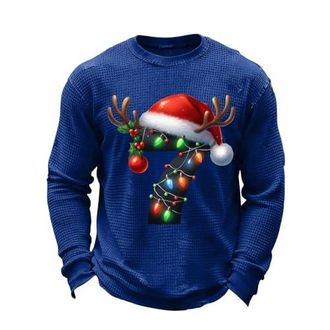 Generic DENGJIAMY Chemise de Noël gaufrée pour homme avec imprimé bois de cerf T-shirt à manches longues et col rond T-shirt de vacances grande taille pour ho
