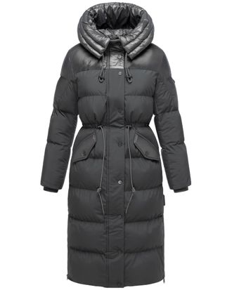 Navahoo Damen Langer Wintermantel warmer Steppmantel aus einem angesagten Materialmix und gro&szlig;er Kapuze Knusperherz 14 Anthracite Gr. S