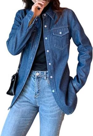 Generic Veste en jean doubl&eacute;e en polaire pour femme, manches longues, boutonn&eacute;e, d&eacute;contract&eacute;e, v&ecirc;tement dext&eacute;rieur pour lautomne et lhiver, noir fonc&eacute;, 3XL