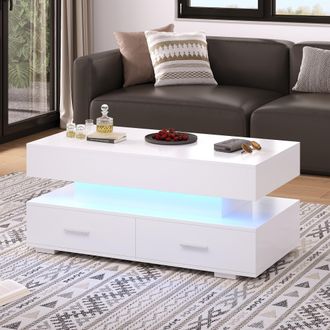 Merax LED Couchtisch h&ouml;henverstellbar Moderne Wohnzimmertisch Hebbarer Couchtisch Funktionaler mit Stauraum,Bluetooth-APP-Steuerung Steuerung 100x50x44cm We