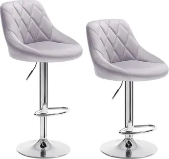Woltu Lot de 2 Tabouret de bar avec dossier et repose-pied, Hauteur réglable, Siège en velours, Gris clair