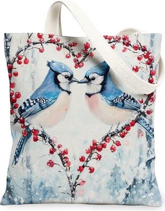 Generic Sac fourre-tout en toile motif geai bleu pour faire du shopping, 33 x 38,1 cm, sac &agrave; bandouli&egrave;re r&eacute;utilisable pour femme, motif for&ecirc;t enneig&eacute;e, d&eacute;cora