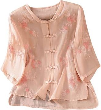 Generic Chemisier de costume traditionnel chinois pour femmes broderie florale chemises à manches 3/4 boutons grenouille hauts hanfu cheongsam (Rose,TTG)
