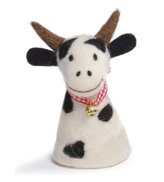 Baden dekorativer niedlicher Eierw&auml;rmer Kuh gefleckt mit Gl&ouml;ckchen aus Filz (2)