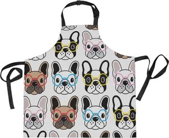 Mnsruu Unisex-Küchenschürze mit Brille, französische Bulldogge, Schürze zum Kochen, Restaurant, Arbeit, Grillen, Gartenarbeit