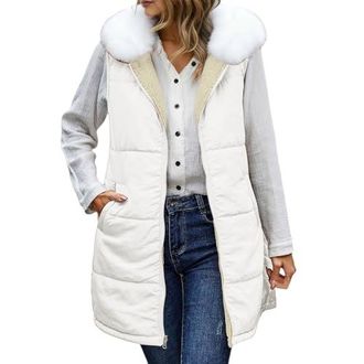 Generic Gilet long &agrave; capuche pour femme - Automne - Hiver - Gilet matelass&eacute; sans manches - Doudoune doubl&eacute;e - Gilet polaire chaud - Gilet long &agrave; capuche - Gil